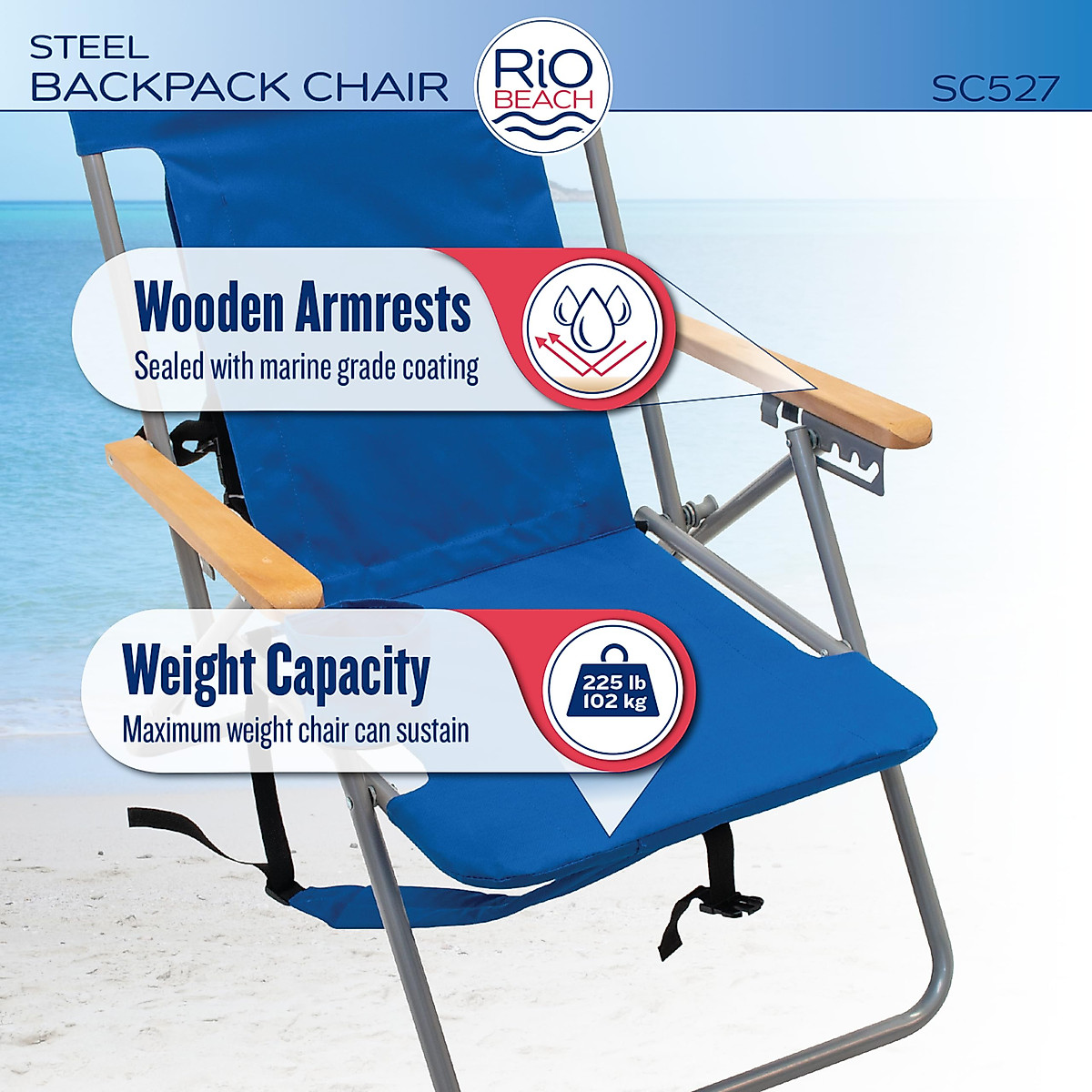 Rio Beach Original 4-Position Steel Backpack Chair with Pillow, Hands-Free Beach Chair Backpack for Adults, Navy