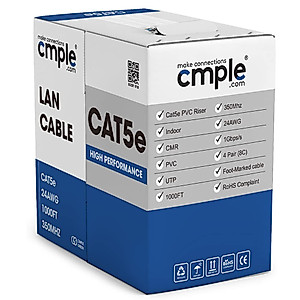 Cmple - Cat5e Ethernet Cable 1000ft Gigabit Network Cat 5e Bulk Unshielded Twisted Pair (UTP), Solid 24AWG CMR 350 MHz White