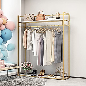 FONECHIN Heavy Duty Clothing Rack with Shelves for Hanging Clothing, Gold Metal Freestanding Garment Rack for Retail Display (59" L)