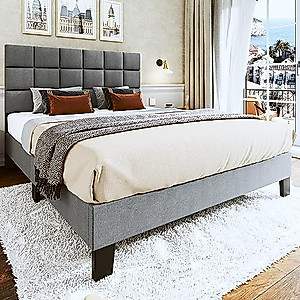 Fluest Queen Bed Frame Upholstered Bed Frame Platform with Adjustable Headboard Linen Fabric Tufted Headboard Wooden Slats Support, No Box Spring Needed, Easy Assembly, Mattress Foundation, Light Grey