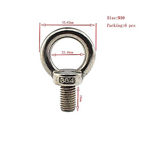304 Stainless Steel M10 Lifting Rigging Eyebolt Ring Shaped with Standard Length of Thread Pack of 6 pcs