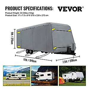VEVOR RV Cover, 14'-16' Travel Trailer RV Cover, Windproof RV & Trailer Cover, Extra-Thick 4 Layers Durable Camper Cover, Waterproof Ripstop Anti-UV for RV Motorhome with Adhesive Patch & Storage Bag