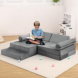 GarveeHome Modular Kids Couch 13PCS Nugget Couch,Toddler Couch for Creative Boys Girls, Convertible Nugget Couch Kids Modular Play Couch, Kids Sofa for Playroom,Grey 56.7"x28.35"