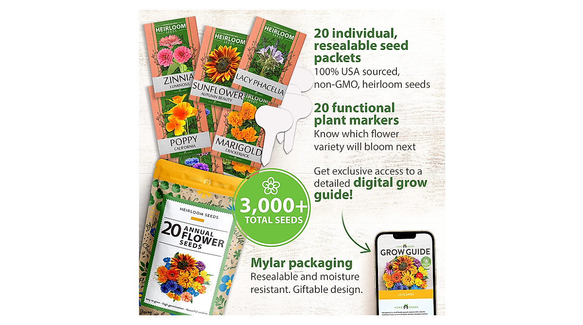 HOME GROWN 20 Flower Seeds Variety Pack for Planting