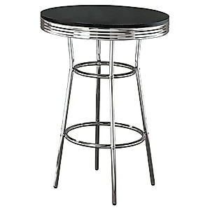Coaster Home Furnishings Retro 1950s Soda Fountain Diner Pub Height Game Room Bar Table Black Laminate Top Sturdy Steel Chrome Base 2405