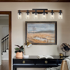 DUJAHMLAND 6-Light Wood Vanity Light,40.5 inch Farmhouse Bathroom Metal Wall Sconce with Cylinder Clear Glass Shade,Industrial Wall Light Fixtures for Hallway,Kitchen,Bedroom(Wood, 6-Light)