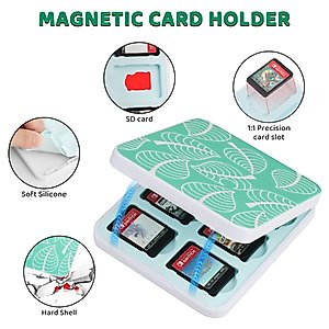 FUNDIARY Green Travel Carrying Case for Nintendo Switch and Switch OLED with Animal Crossing Leaf Design, Shockproof Accessories with Portable Storage Bag, Game Card Case, Handle Strap & 2 Thumb Caps