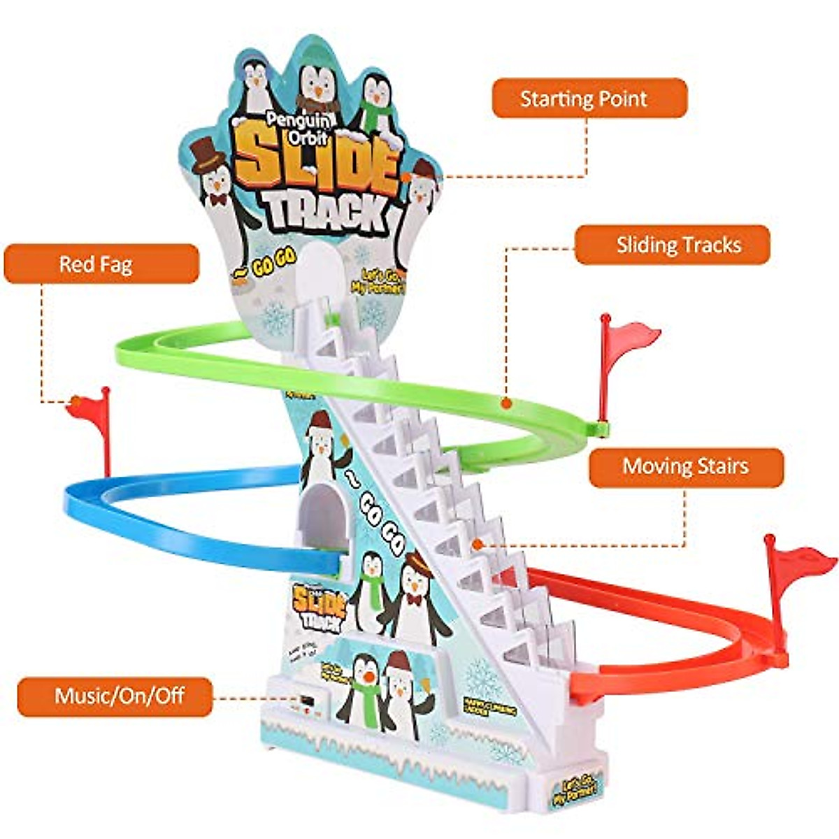 Liberty Imports Musical Penguin Orbit Chasing Race Track Game Set - Playful Roller Coaster Playset with LED Flashing Lights and Music On/Off Button for Toddlers and Kids