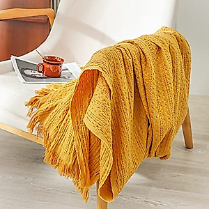 Simple&Opulence 100% Cotton Throw Blanket for Couch, Bed, Waffle Weave Knit Blanket with Tassels, Soft Lightweight Pre-Washed Breathable Cozy Blanket Farmhouse Decoration for All-Season (Gold Yellow)
