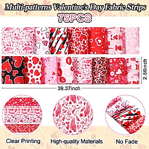 Buryeah 75 Pcs Valentine's Day Fabric Roll 2.5 Inch Red Heart Precut Fabric Quilting Strip Holiday Prints Fabric Bundle for Quilting Cloth Patchwork Sewing DIY Craft, 15 Styles
