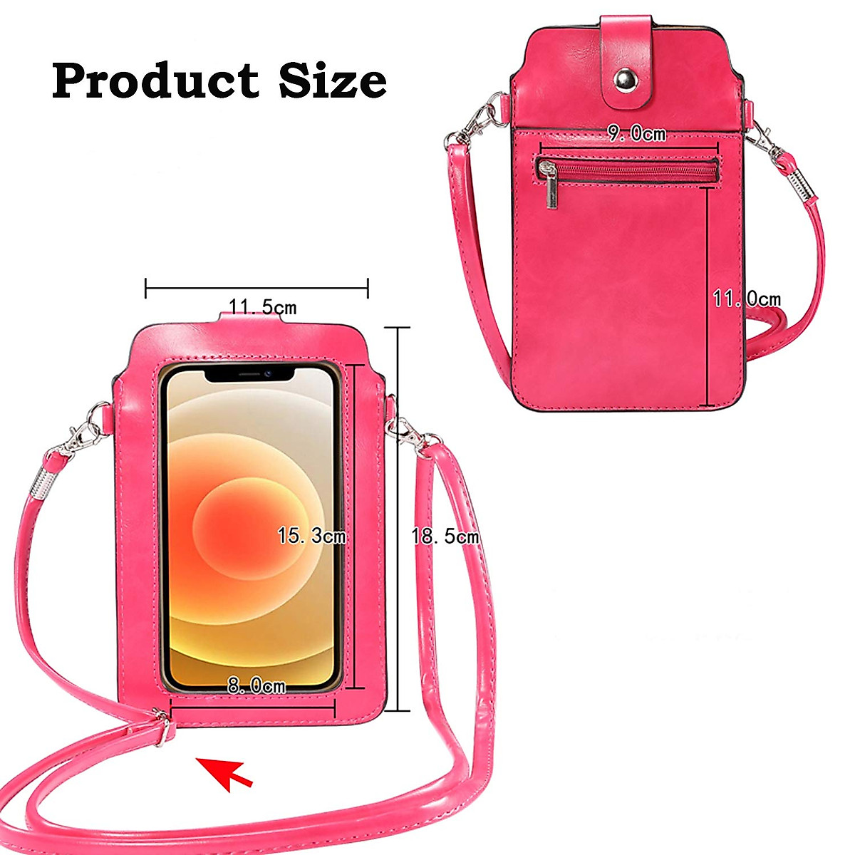 Lightweight Cell Phone Touch Screen Crossbody Bag Travel Shoulder Purse Wristlet Clutch Handbags, Hot Pink
