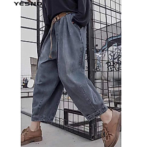 YESNO Women Casual Loose Cropped Trousers Pants Denim Bloomers Elastic Waist with Pockets XL PJDTYP1 Blue