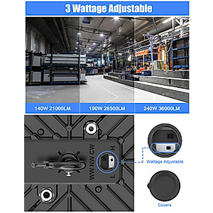 KUKUPPO 2 Pack 240W LED High Bay Light UL&DLC Listed, 36,000lm 240W/190W/140W, 3000K/4000K/5000K Adjustable LED UFO High Bay Shop Light Warehouse Light, 0-10V Dimmable, AC100-277V with Plug, Black