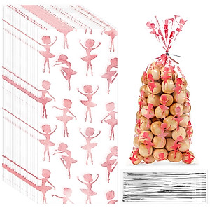 100 Pieces Ballet Cellophane Goody Bags Ballet Girl Plastic Goody Bag Dancing Girls Transparent Candy Bags with 100 Pieces Silver Twist Ties for Ballet Theme Baby Shower Birthday Party Decors, Pink