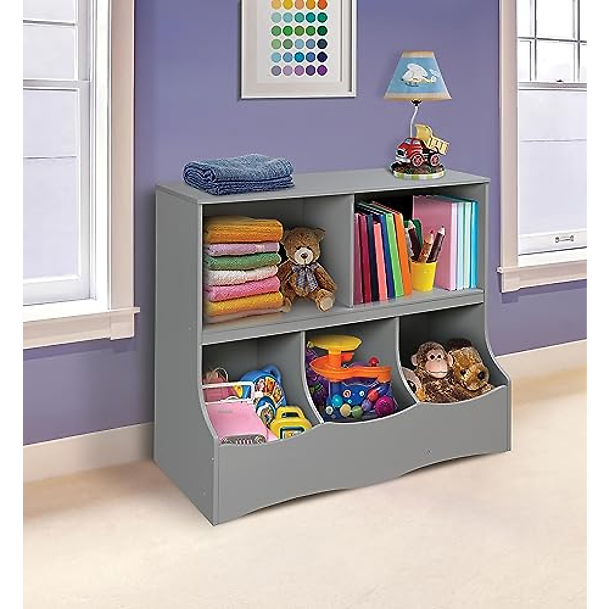 Badger Basket Multi-Bin Toy Storage Organizer and Book Shelf for Kids - Gray