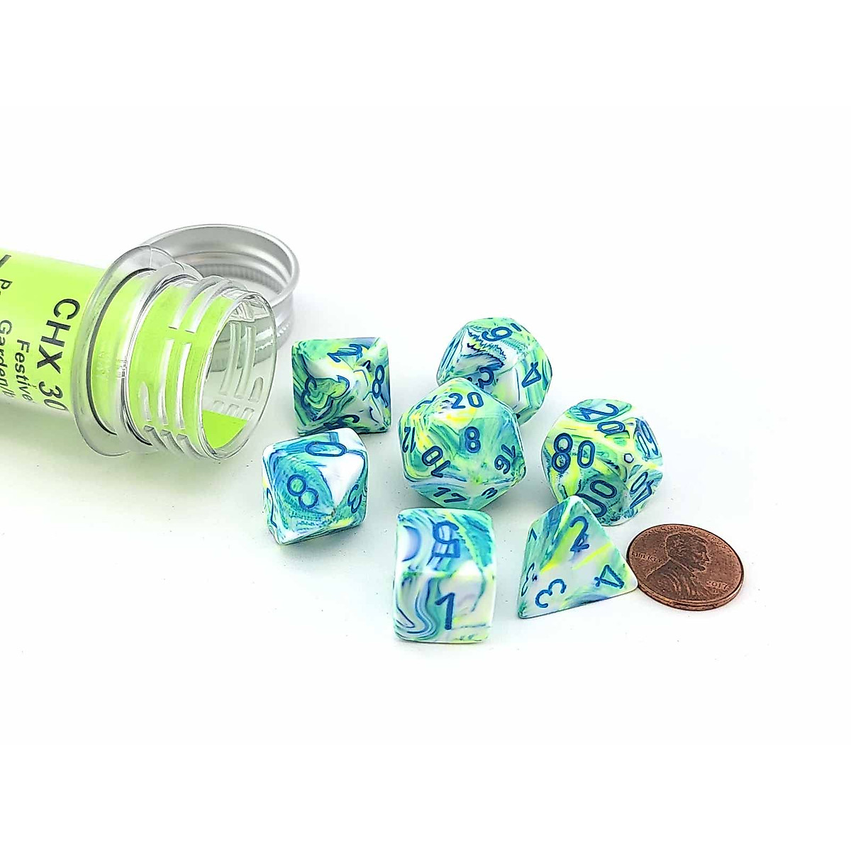 Garden Festive Luminary Dice with Blue Numbers 7+1 Dice Set 16mm (5/8in) Limited Edition Lab Dice Chessex