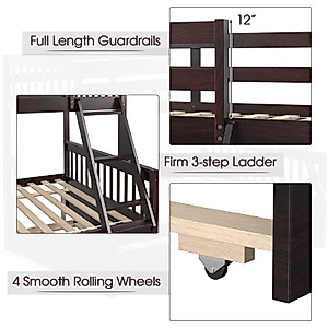 Giantex Twin Over Full Bunk Bed with Trundle, Solid Wood Bunk Bed with Ladder and Guardrails, Convertible to 2 Beds, Triple Bunk Beds for Kids Teens Adults, No Box Spring Needed, Espresso