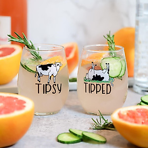 Drinking Divas 'Tipsy' and 'Tipped' Wine Glasses - Set of 2 Stemless Non-Rolling, Flat Bottom 15oz Tumblers with Sayings | Cute & Funny Cow Gifts for Mom, Girlfriend, Wife, Best Friend