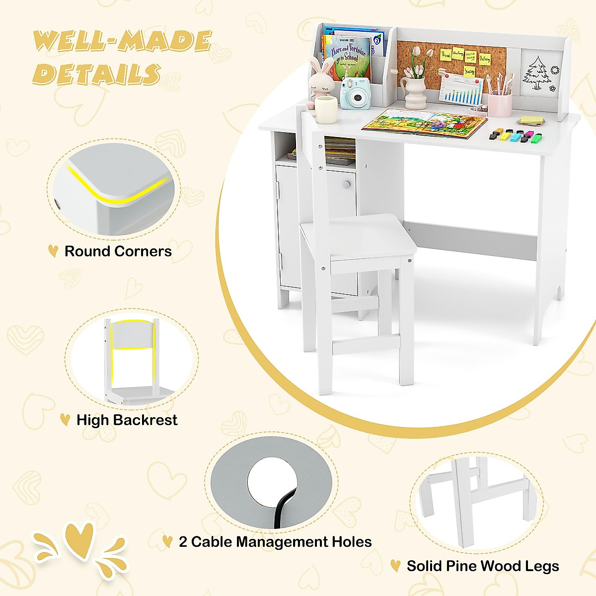 Costzon Kids Desk and Chair Set, Wooden Children Study Table with Storage, Hutch, Cork Bulletin Board, Whiteboard & Marker, Student Computer Workstation Writing Desk for Kids Bedroom, School, White