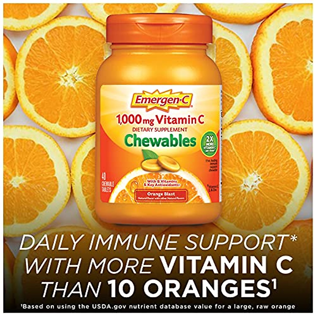 Emergen-C Chewable Vitamin C 1000mg, With B Vitamins And Antioxidants Tablet (40 Count, Orange Blast Flavor), Dietary Supplement