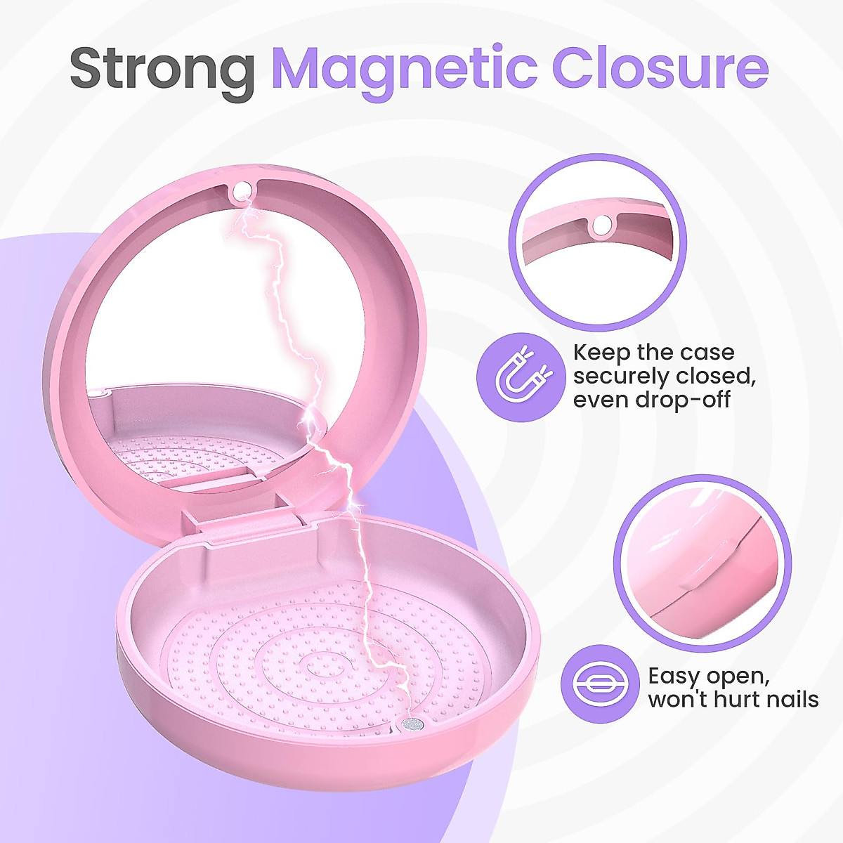 WELLCALE Retainer Case with Built-in Mirror, Aligner Case Compatible with Invisalign, Big Space & Slim Design with Magnetic Closure (Pink). Set of 2