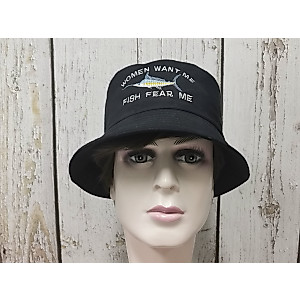 Enodtter Women Want Me Fish Fear Me Embroidered Bucket Hat, Black Embroidery Beach Sun Hat Summer Travel Fisherman Cap