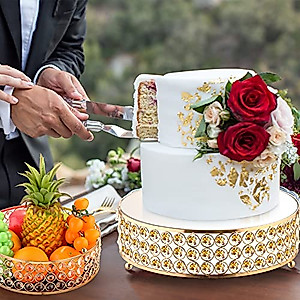 3 Pieces Crystal Beads Cake Stand Set Round Gold Plated Cupcake Stand Holder with Mirror Crystal Dessert Display Stand Cookies Fruit Serving Tray for Wedding Birthday Party Supplies, 10/ 12/ 14 Inches