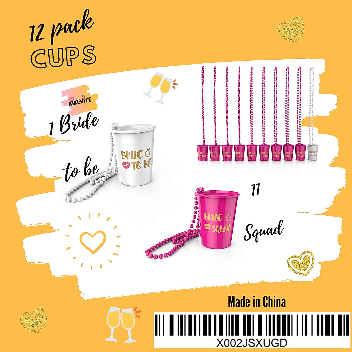 KIKEVITE Bachelorette Party Shot Glass Necklaces Drinking Supplies 12 PACK - 1 White Bride Cup and 11 Pink Squad Cups Bridal Shower
