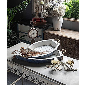 Distressed White Nesting Wood Serving Tray for Eating with Rope Handles,Set of 2 Farmhouse Handwork Boat Shaped Large Decoration Serving Trays for Party Kitchen Counter, Dining Room Coffee Table