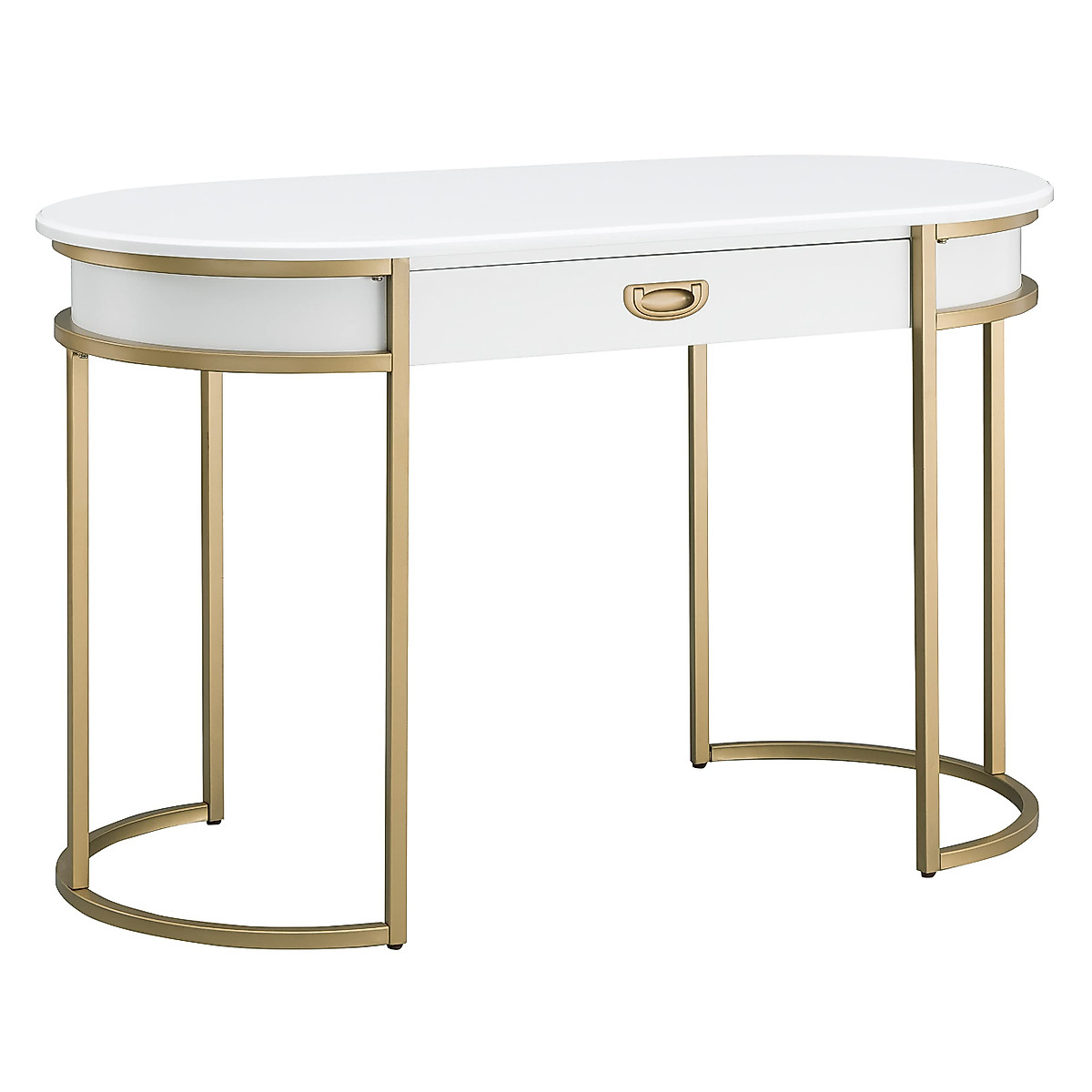Leick Home 85405 Oval Metal Leg Desk with Drop Front Keyboard Drawer, Cottage White/Gold