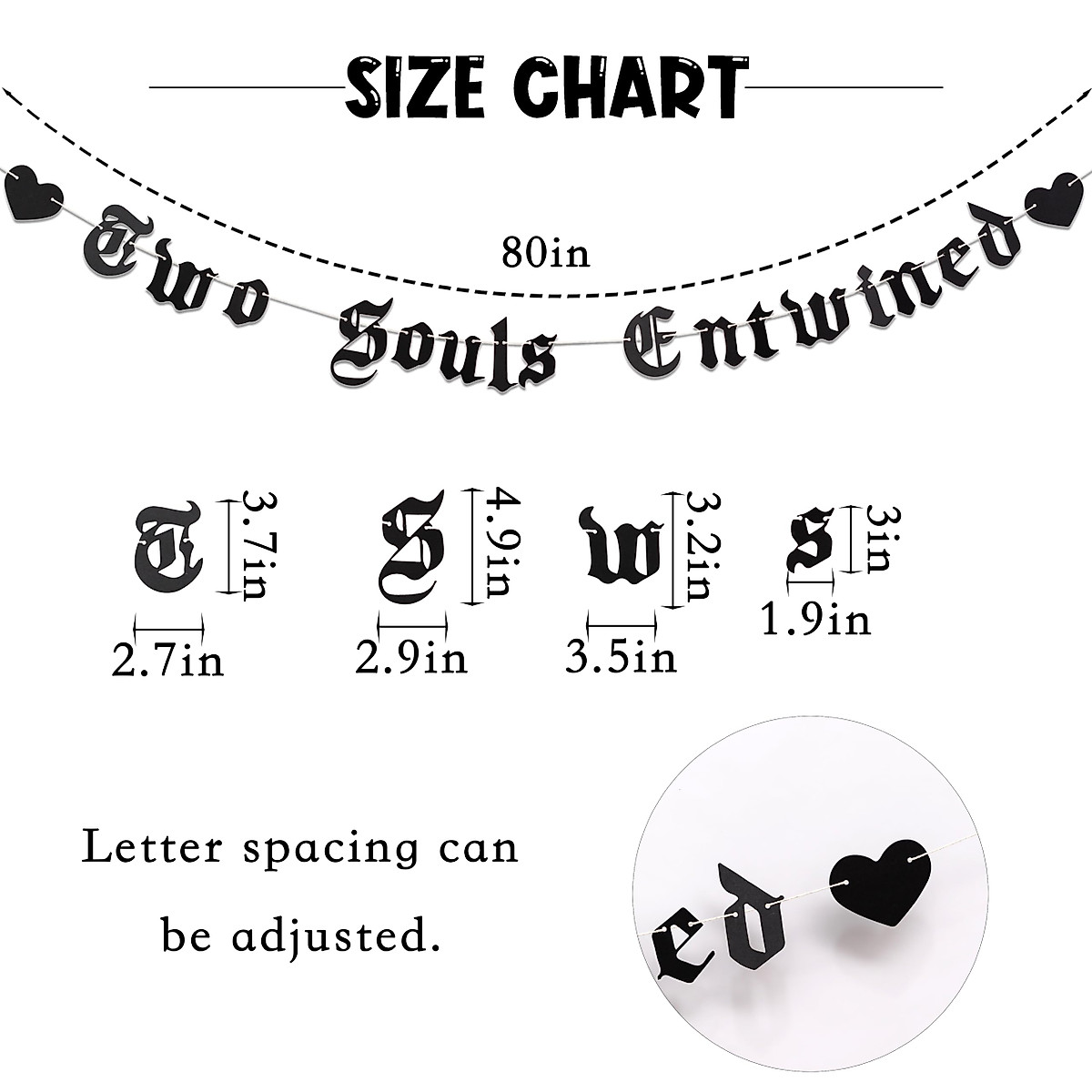 LINZYING Two Souls Entwined Old English Goth Wedding Decoration Banner - Gothic Letter Emo Engagement Party Decor Supplies，Death Themed Wedding Engagement/Bridal Shower Party Decor Supplies (two souls