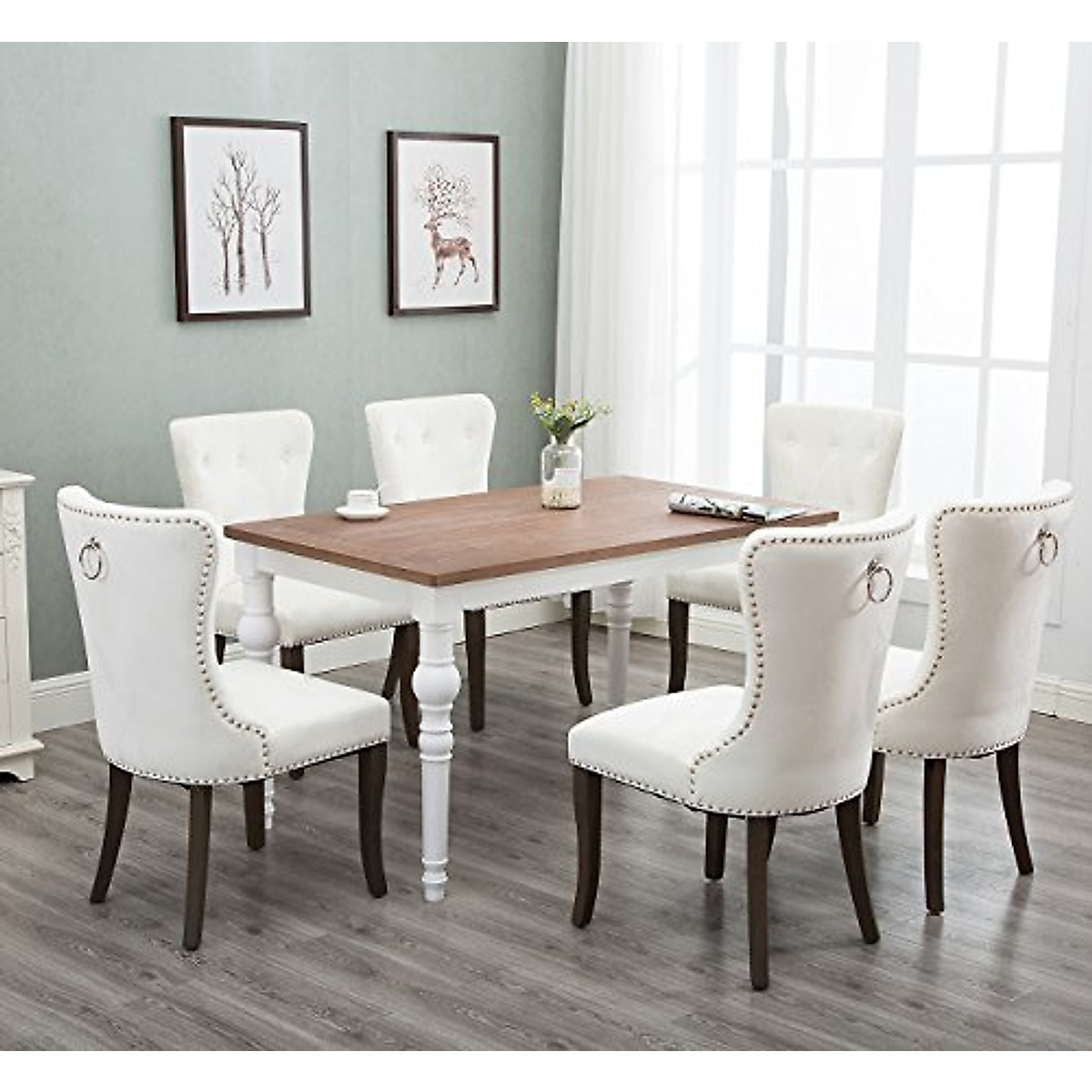 LZ LEISURE ZONE Dining Chairs Set of 6, Cream Upholstered Accent Chair Button Tufted Armless Chair with Nailhead Trim and Back Ring Pull