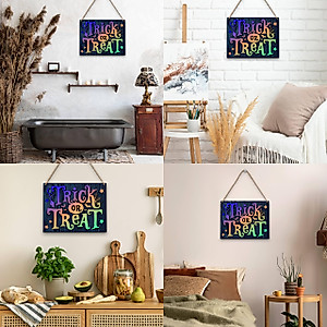 Trick Or Treat Wooden Hanging Sign - Halloween Witches Welcome Wall Decor - Pumpkin Wood Front Door Sign for Home Farmhouse Office Porch - Wood Plaque Halloween Gifts (8'' x 10") -05