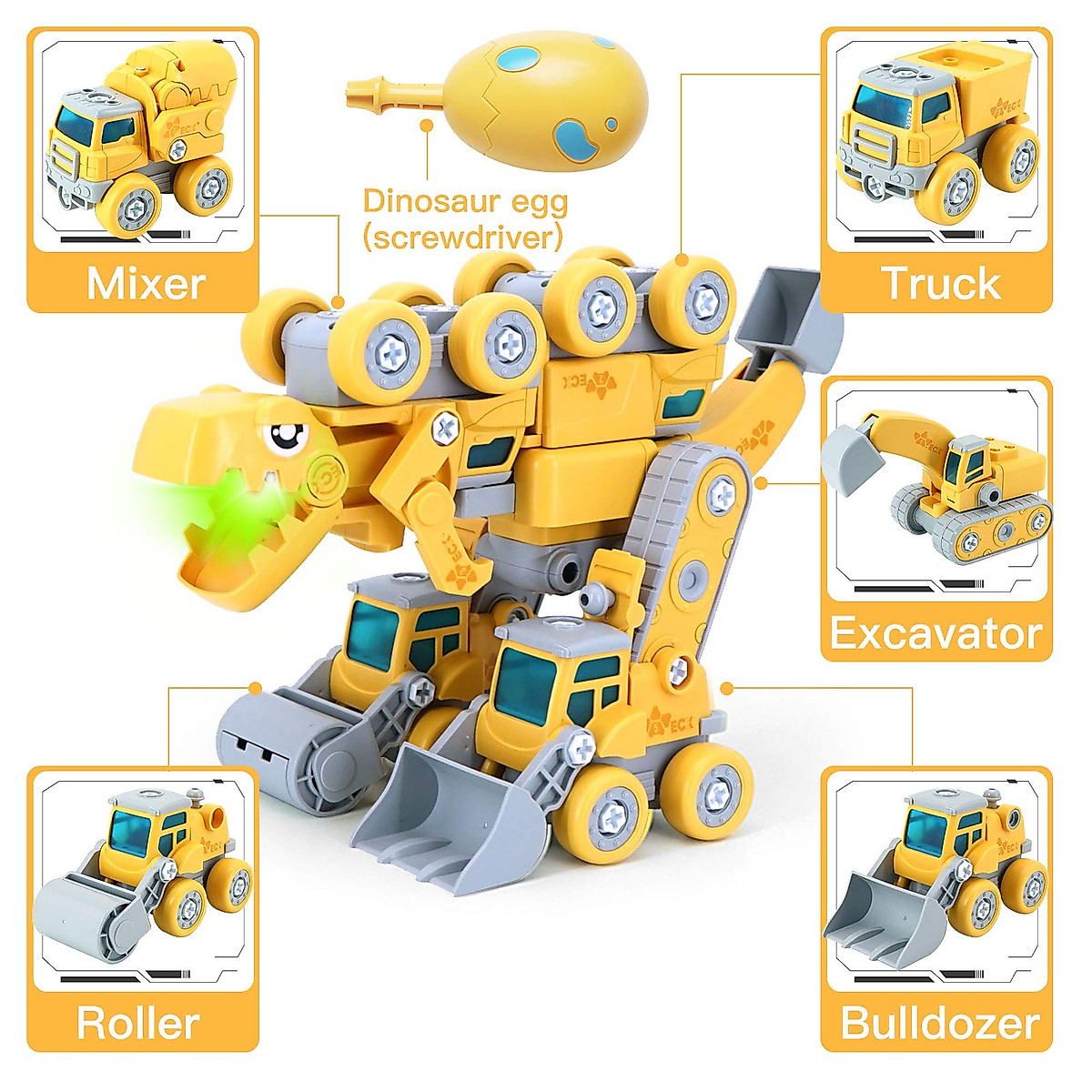 Grechi Take Apart Dinosaur Toys for Kids 5-8, 5 in 1 Construction Vehicles Transform into Big Dinosaur Robot STEM Toys for 3 4 5 6 7 8 Year Old Kids, Boys