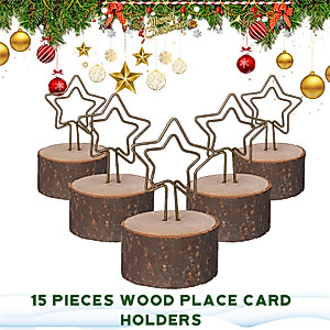 Teenyyou 15 Pcs Wood Table Number Holders Stands Christmas Wooden Base Place Card Holders Picture Holders for Centerpieces Rustic Iron Wire Picture Picks Clip Holder Stand (Star)