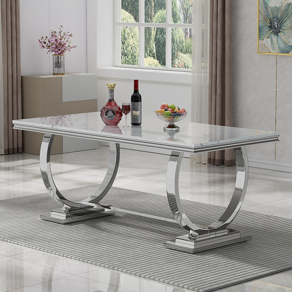 70'' Marble Dining Room Table for 6 or 8, Modern Marble Dining Table w/Silver Stainless Steel U-Base Rectangular Kitchen Table for 8, Large White Dining Table for Home Kitchen Dining Room