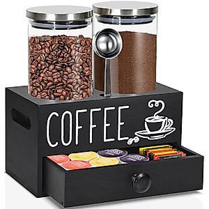 Glass Coffee Containers with Shelf, Coffee Bean Storage Container with Airtight Lids, Coffee Container for Ground Coffee, Coffee Bar Accessories Organizer with Drawer, Food Storage Jars for Kitchen