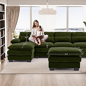 OUYESSIR U Shape Sectional Sofa Cloud Couch for Living Room, Modern Chenille Comfy Modular Sofa, 4 Seat Upholstery L-Shaped Sleeper Sofa with Chaise Lounge & Ottoman, 114" (Emerald Green