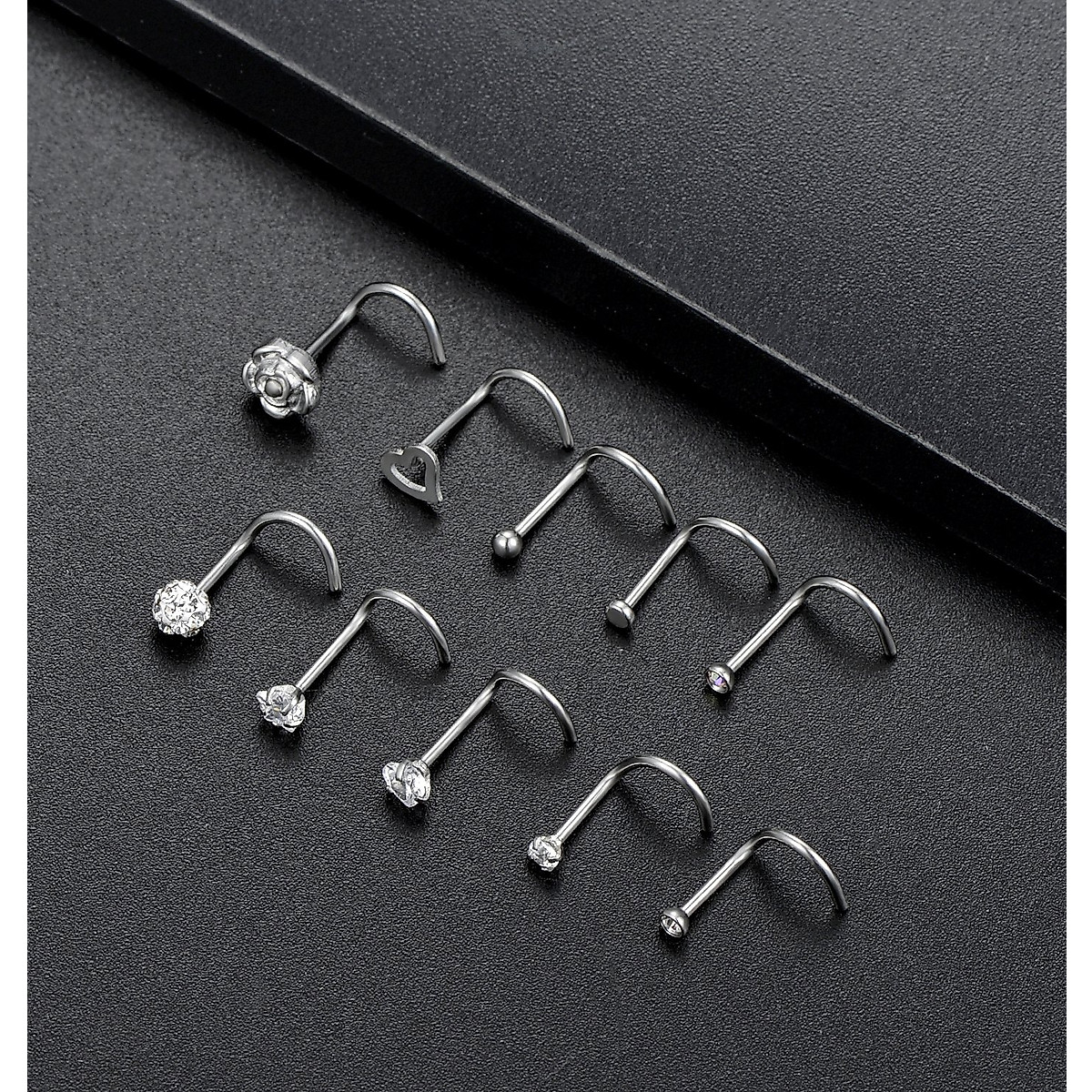 Tornito 20G 20Pcs Stainless Steel Nose Screw Studs Rings CZ Nose Ring Labret Nose Piercing Jewelry for Men Women (A1:20Pcs)