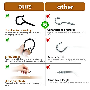 Larmstom Black Screw Hooks, 10 Pack Heavy Duty Vinyl Coated Hanging Hooks with Safety Buckle & Expansion Tube for Kitchen/Home/Outdoor/Indoor