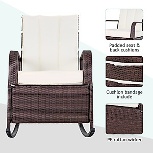 Outsunny Outdoor Rattan Rocking Chair Patio Recliner with Soft Cushions, Adjustable Footrest, Max. 135 Degree Backrest, PE Wicker, Beige