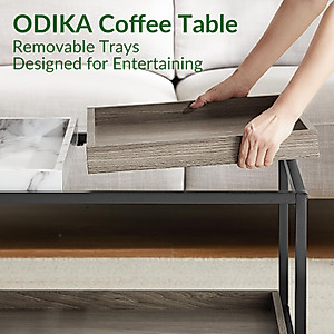 ODIKA Convertible Entertaining Coffee Table - Faux Marble Coffee Table with 2 Removable Trays, 47 Living Room Table, Modern Coffee Table for Living Room, Coffee Table with Storage Furniture, Walnut