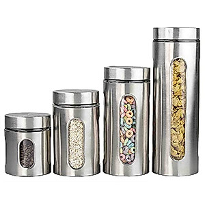 Kitchen Canisters By Home Basics | Retro-Styled For Kitchen Counter | Stainless Steel and Glass | With See-Through Windows (Silver), 4 Pieces, For Flour, Coffee, Sugar, and Dry Ingredients