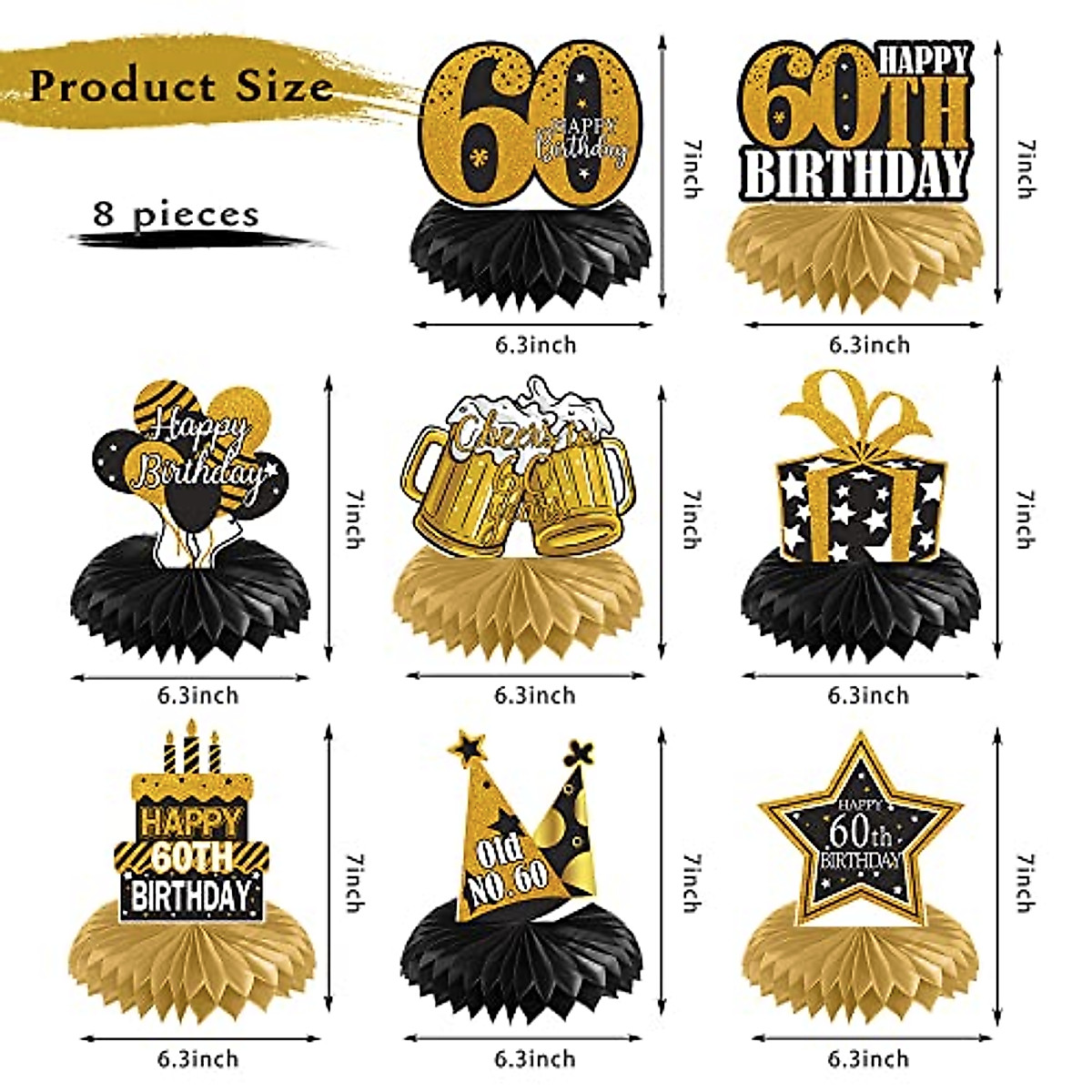 60th Birthday Decoration Honeycomb Centerpieces for Women Men, 8 Pcs Black Gold Cheers to 60 Years Table Centerpiece Toppers, 60 Birthday Party Creative Table Sign Décor, Easy Set Up, Vicycaty