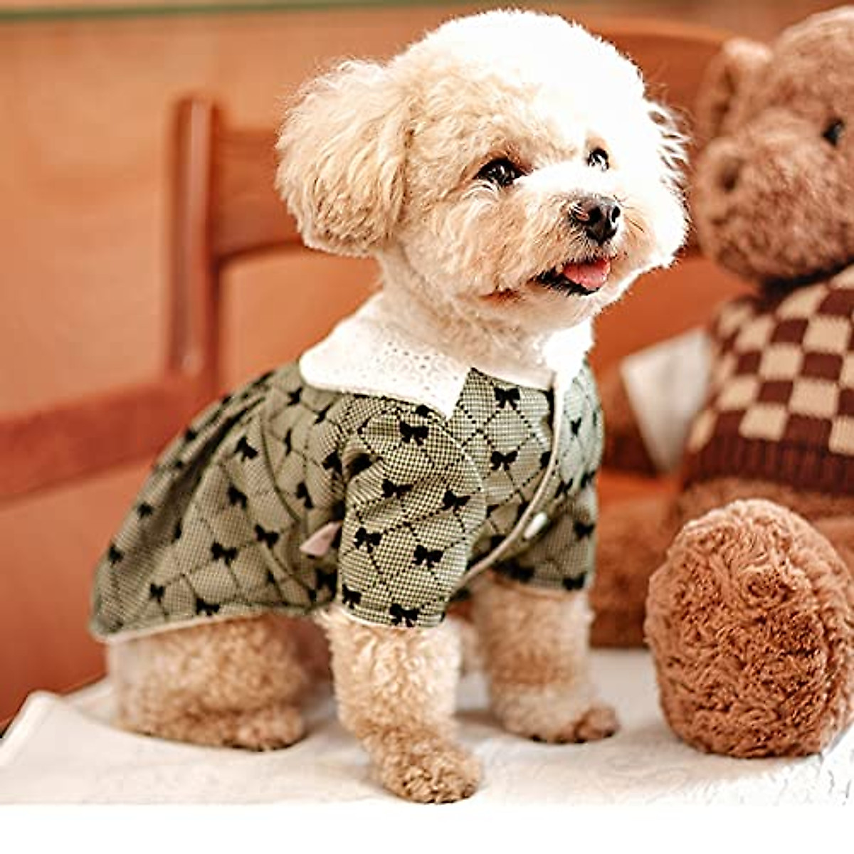 Toysructin Dog Girl Dresses Clothes with Sleeves, Lace Lapel Pet Princess Dress Bowknot Puppy Clothes for Spring Autumn, Comfortable Breathable Dog Shirt Skirt Apparel for Small Medium Large Cats Dogs