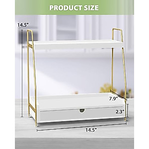 MONVANE 2-Tier Bathroom Organizer Countertop - Solid Wood Bathroom Counter Organizer with Drawer, Simple Standing Vanity Tray for Bathroom Organization and Bathroom Storage (White and Gold)