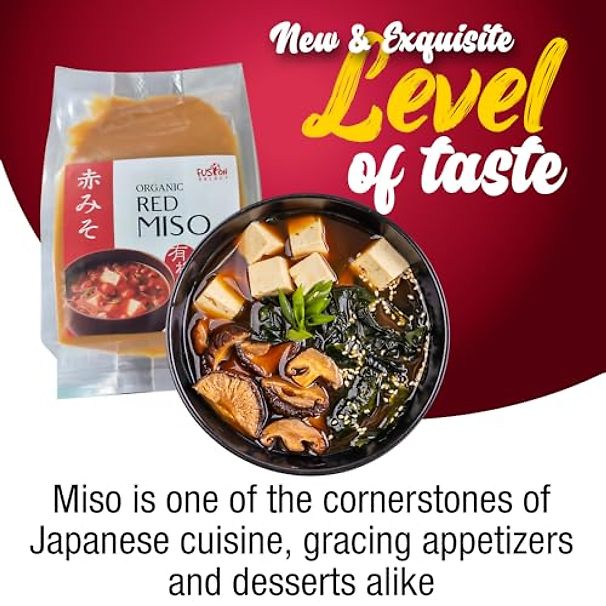 Fusion Select Organic Red Miso Paste - Made of Fermented Soy Bean & Rice - Savory Japanese Seasoning For Cooking Soup Base, Broth, Stew, Salad Dressing, Sauce, Marinade, Ramen - 15 Servings, 300g