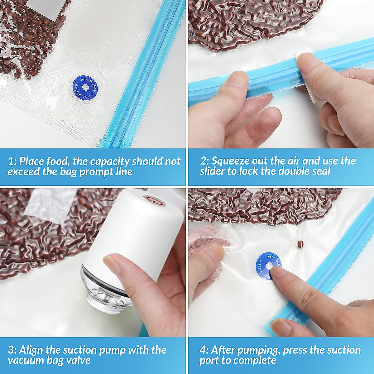 Sous Vide Bags 27Pcs, BPA Free Reusable, Double-Layered Food Storage (8.5 x 8.5 in) for Cooking, Food Storage, and Microwave Heating. Includes 20 Vacuum Zipper Bags, 2 Seal Clips, and 5 Air Valves.