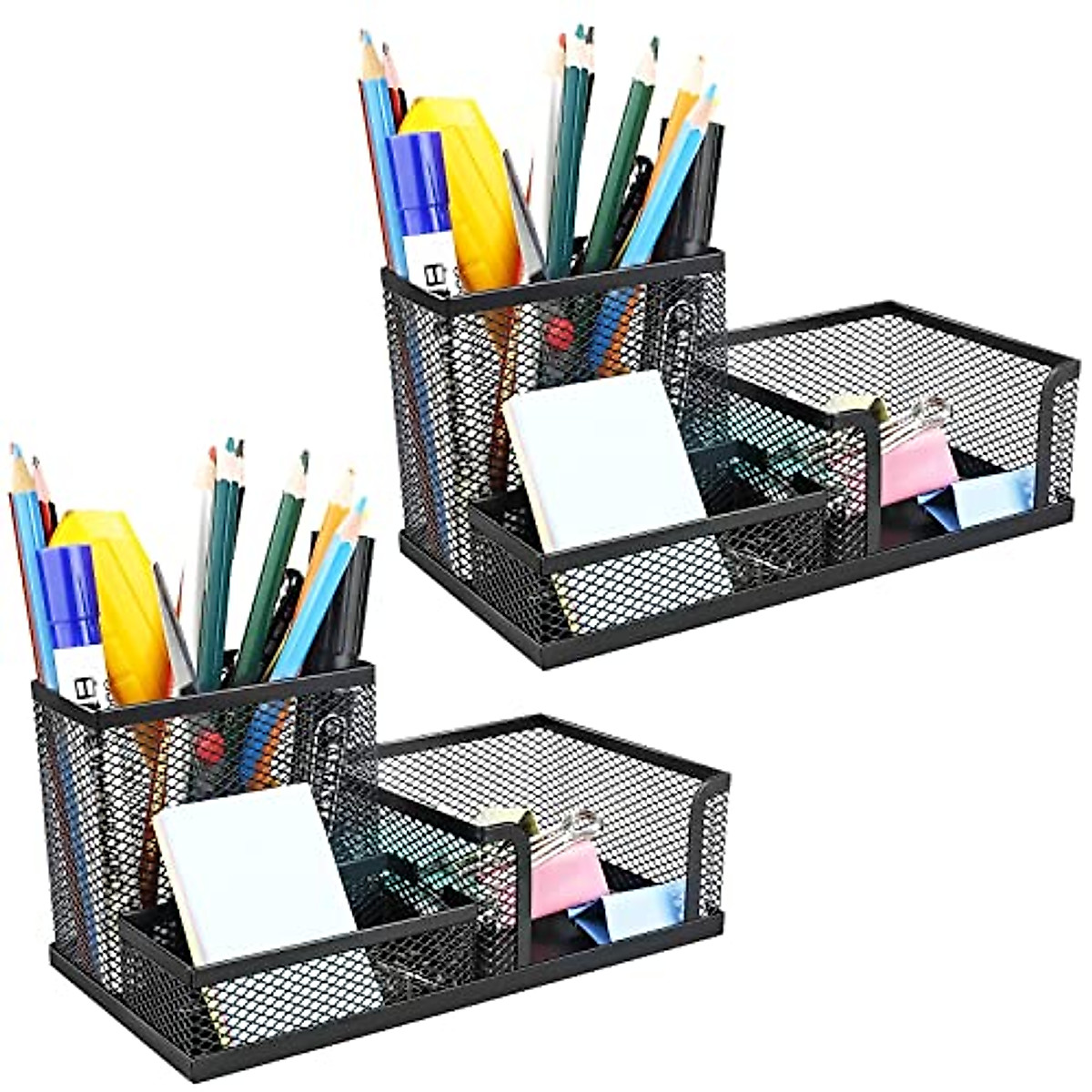SAWYBISH 2 Pack 3 in 1 Mesh Pen Holder for Desk, 3 Compartments Pencil Holder Desk Organizer Caddy with Sticky Notes Holder Easy Storage Suitable for Home, Office and School