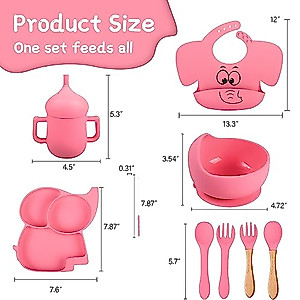 Silicone Baby Feeding Set,11Pack Toddlers Weaning Feeding Sippy Cup with Straw and Lid,Baby Bibs,Bowl Plate with Suction,Baby Feeding Supplies Set (Elephant_Light Pink)